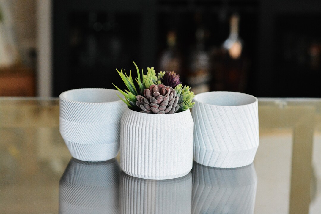 Set of 3 Stone White Minimalist Planters, Geometric Pots for Herbs and ...