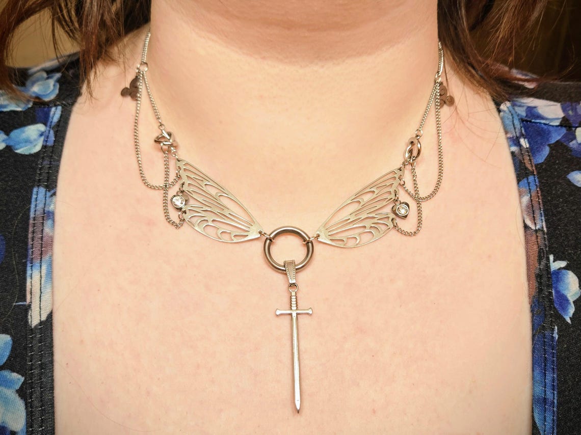 Stainless Steel Sword Butterfly Wing Layered Tiered Chain and Charm ...