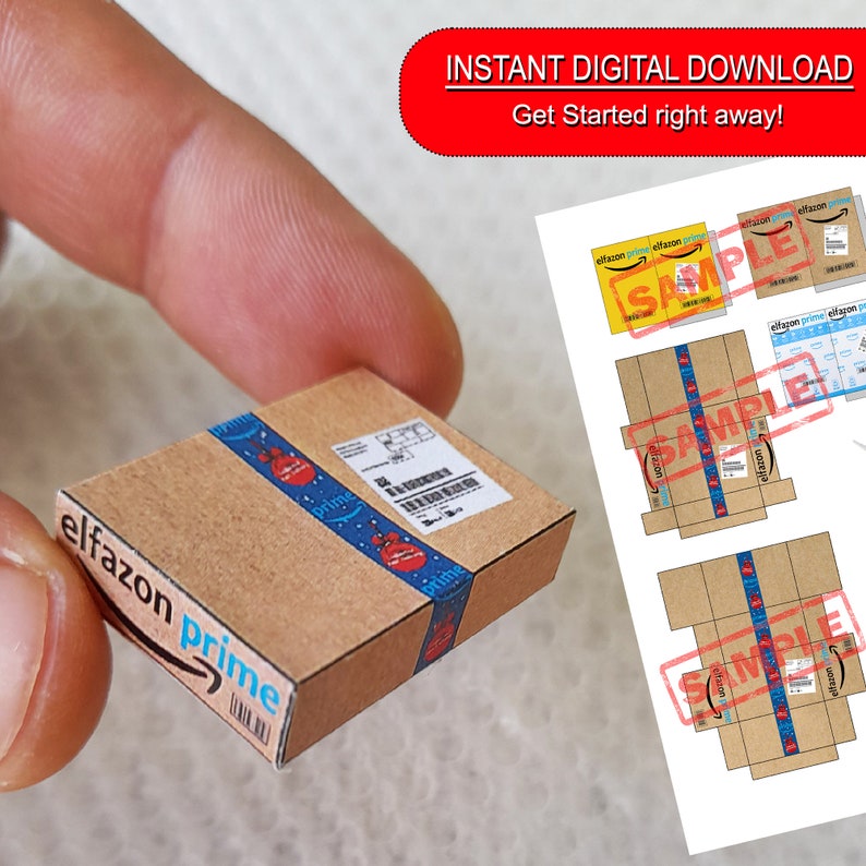 Mini Amazon Prime Boxes 6 Style Elfazon Amazon Box & Envelope Package Set Paper NOEL Elf Bonus ...
