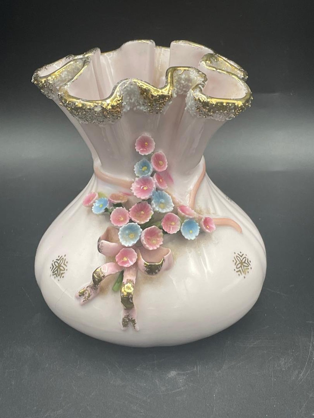 Lefton China Floral Vase Pink Applied Flowers Roses Spaghetti Trim ...