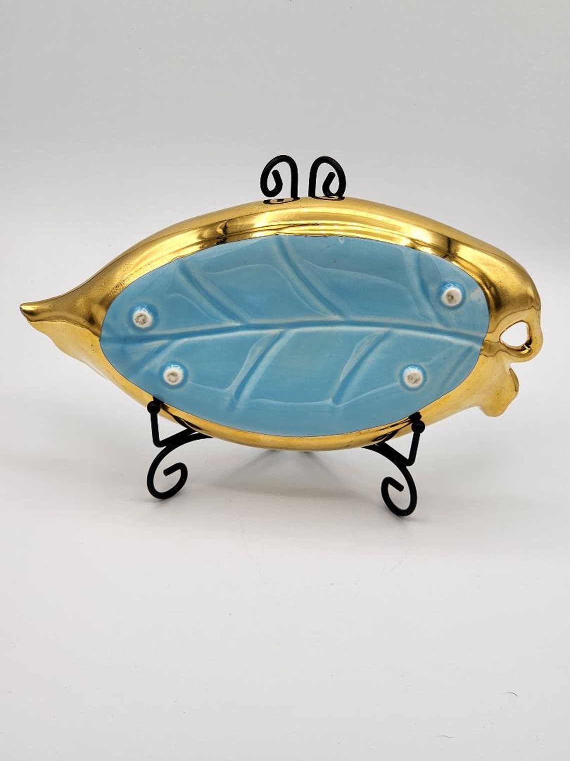 Vintage Hand Painted Leaf Trinket Dish Aqua Blue & Gold Plated USA Deco ...