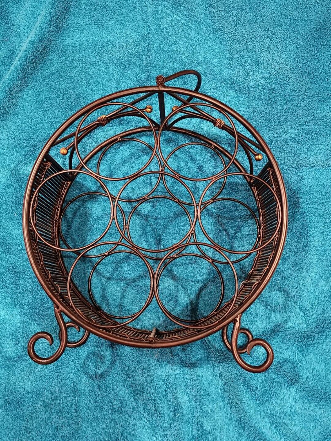 Wine Rack Vintage Round Wrought Iron Tabletop , Footed 7 Bottle Rustic ...