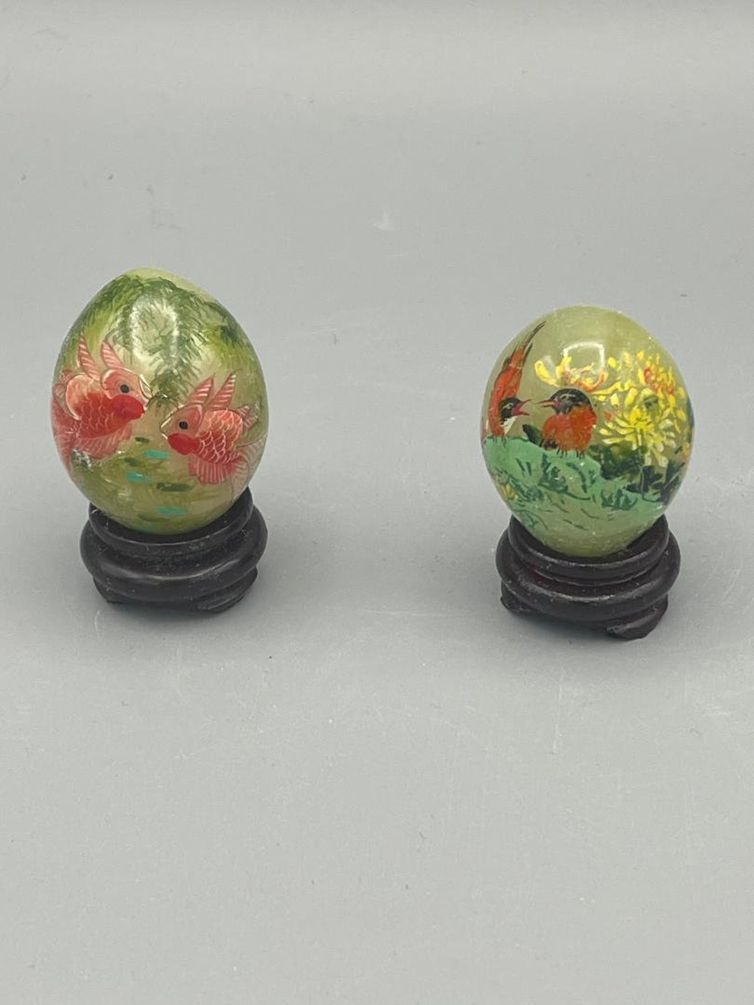 Vintage Hand Painted Jade Bird & Fish Eggs - Etsy