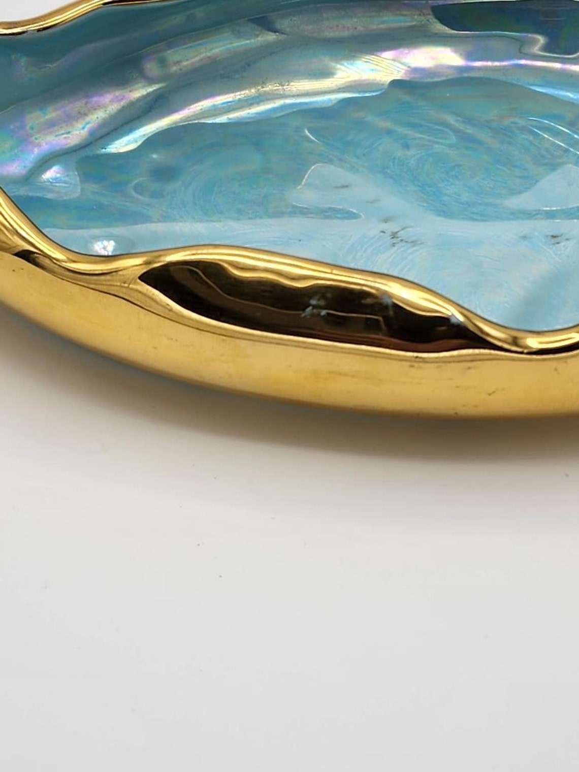 Vintage Hand Painted Leaf Trinket Dish Aqua Blue & Gold Plated USA Deco ...