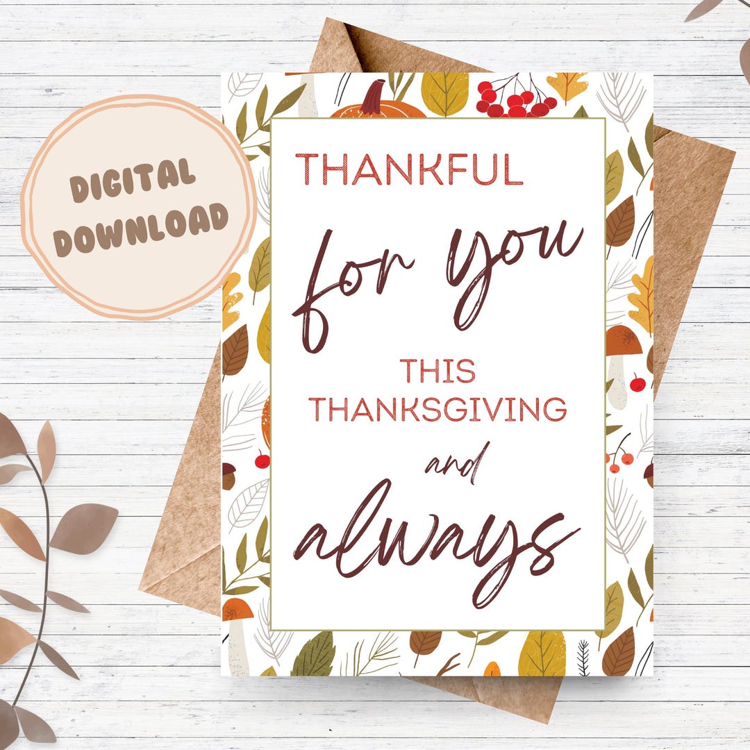 Printable Thanksgiving Card, Thankful for You, Instant Download, Blank ...