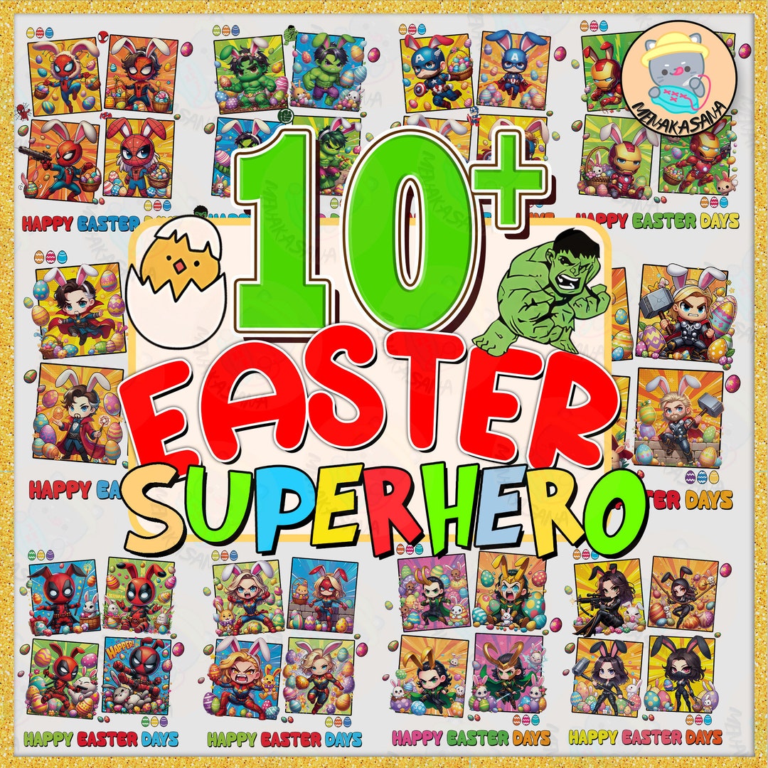 10 Chibi Superhero Easter Cartoon PNG Bundle, Funny Easter Png, Happy ...