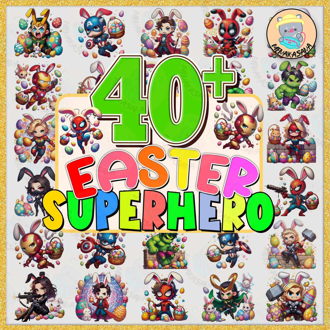 40 Chibi Superhero Easter Cartoon PNG Bundle, Funny Easter Png, Happy ...