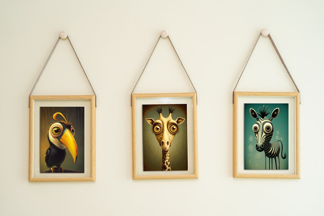 Set of 3 Animated Jungle Animal Wall Art Prints Safari Animal Decor ...