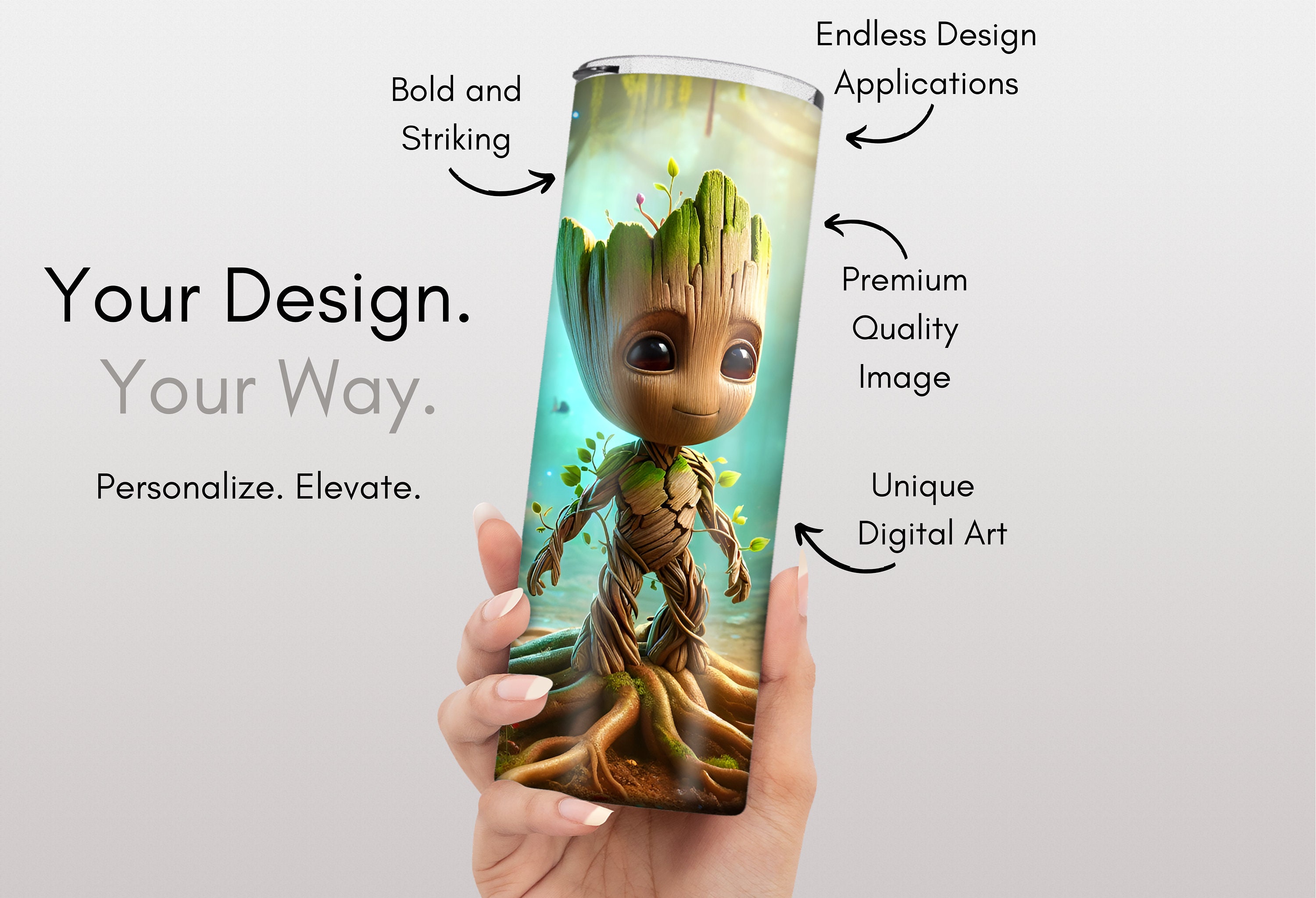 Baby Groot Whimsical Illustration 20oz Skinny Tumbler Wrap, Marvel ...