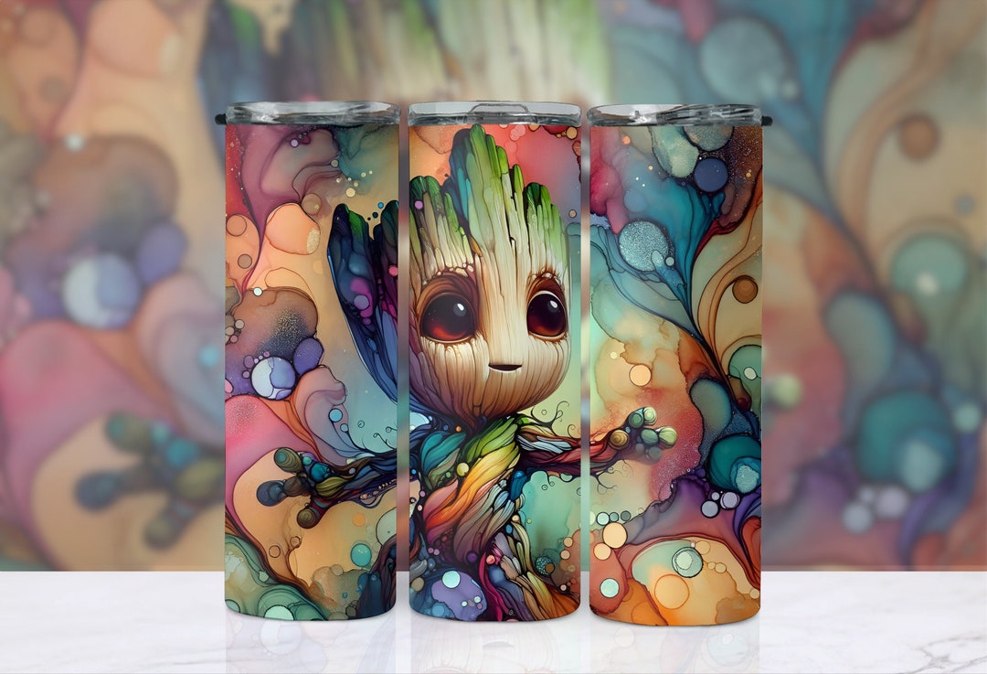 Baby Groot Alcohol Ink Illustration 20oz Skinny Tumbler Wrap, Marvel ...