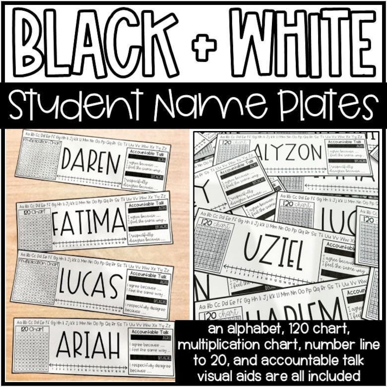 Black and White Student Name Plates | Editable | Name Tags - Etsy