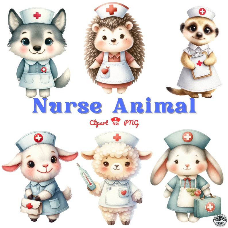 Nurse Animal Watercolor Clipart Collection 45 PNG Images for Healthcare ...