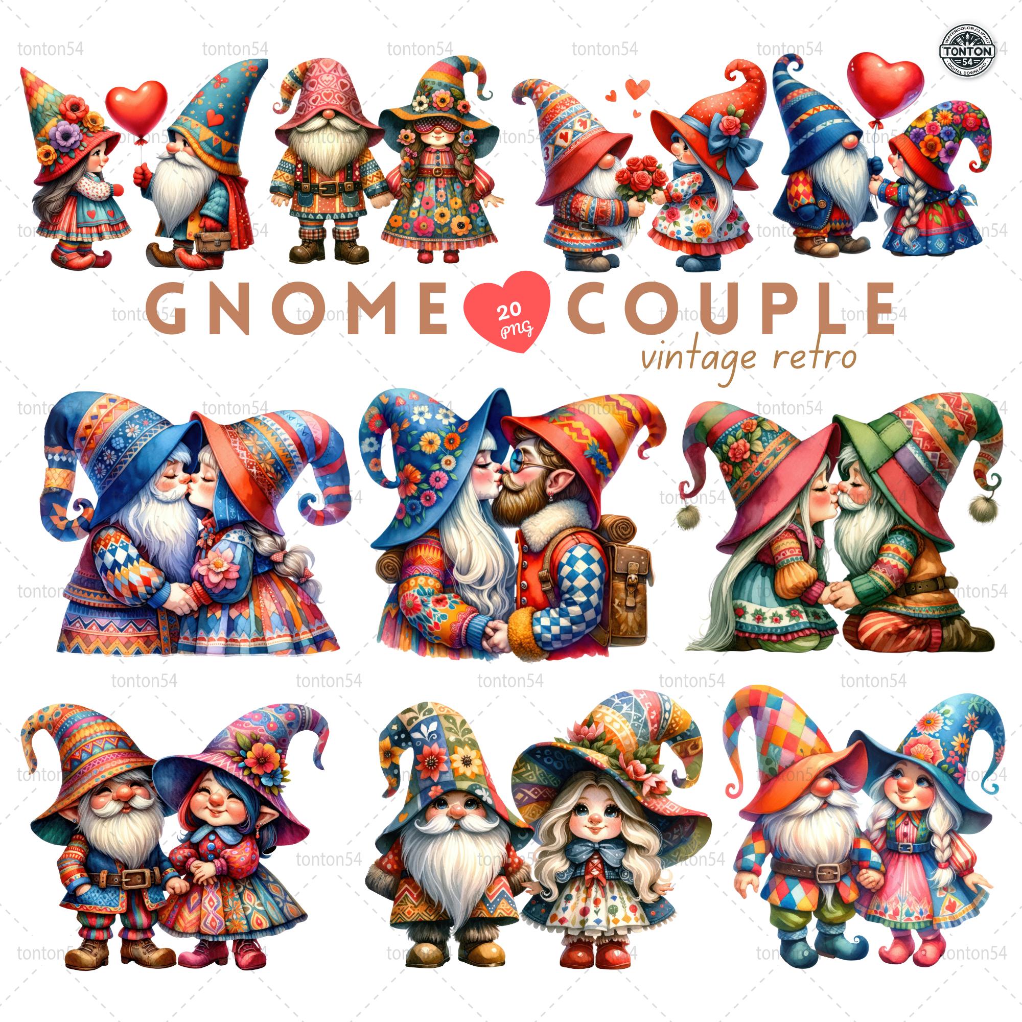 Retro Gnome Couple Clipart Set, Cute Romantic Gnomes, PNG, Valentine's ...