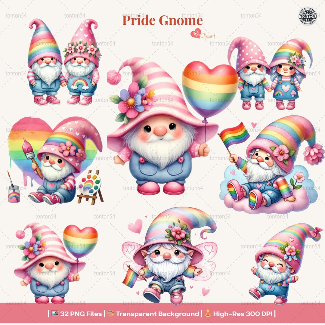 LGBT Pride Gnome Clipart Bundle PNG, Rainbow Gnome Sublimation Art for ...