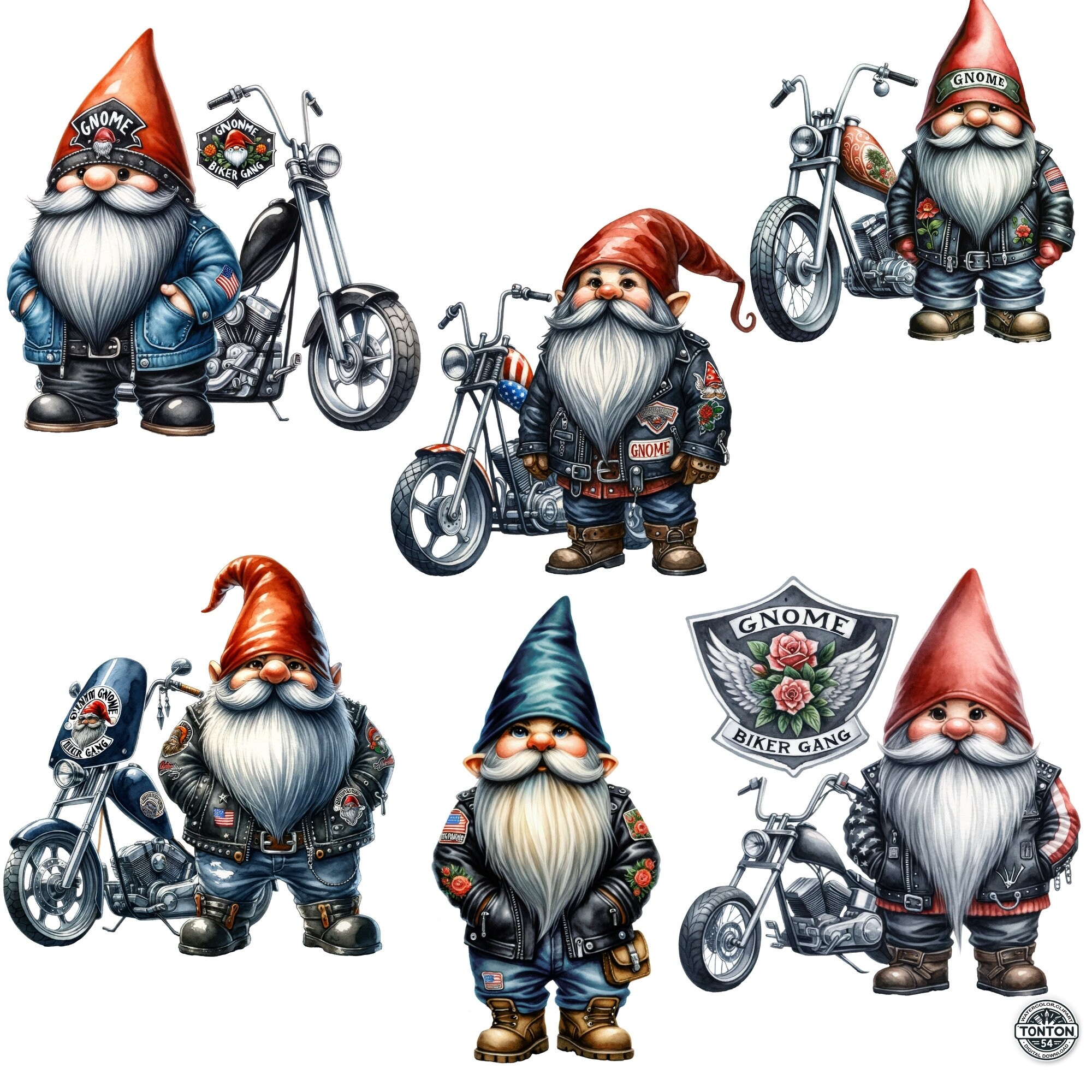 Gnome Biker Gang Watercolor Clipart,gnome Sunglasses,digital ...