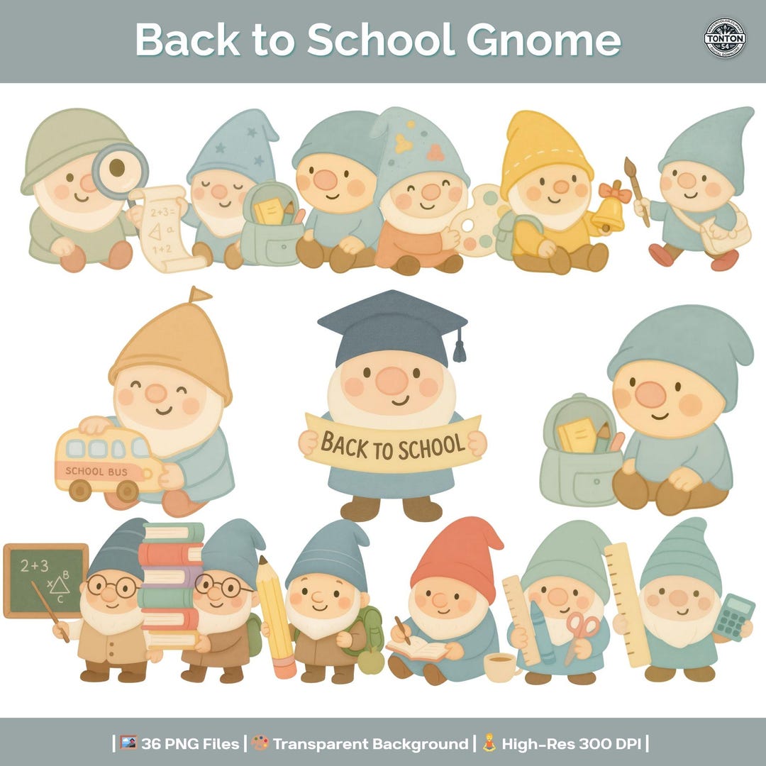 Back to School Gnome Clipart Set - 36 Cute Pastel PNG Classroom ...