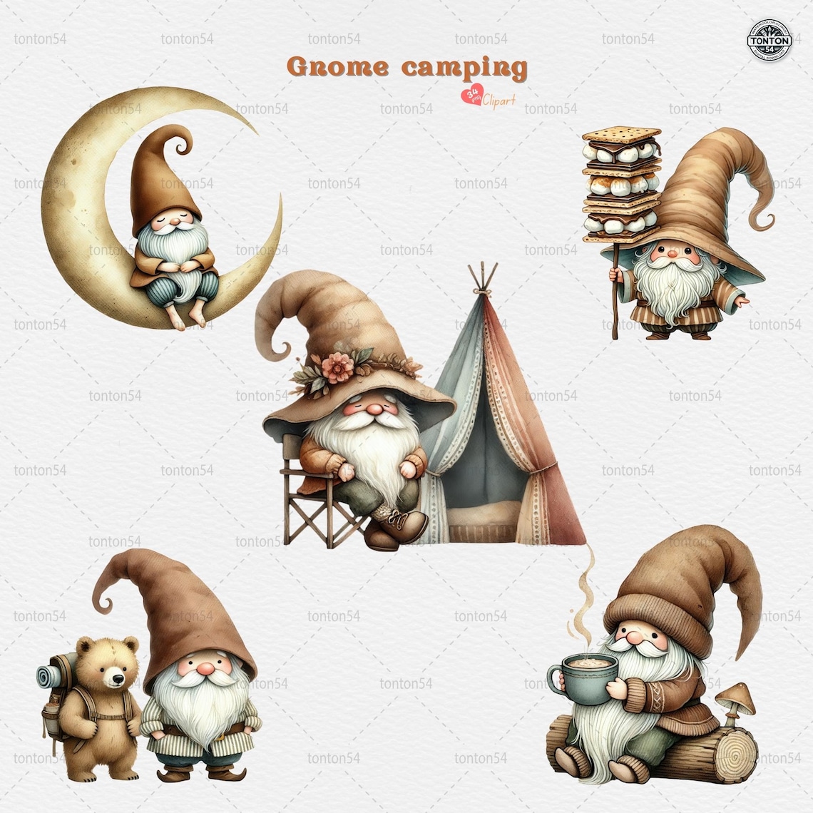 Gnome Camping Clipart Bundle, Cute Outdoor Gnomes PNG for Hiking ...
