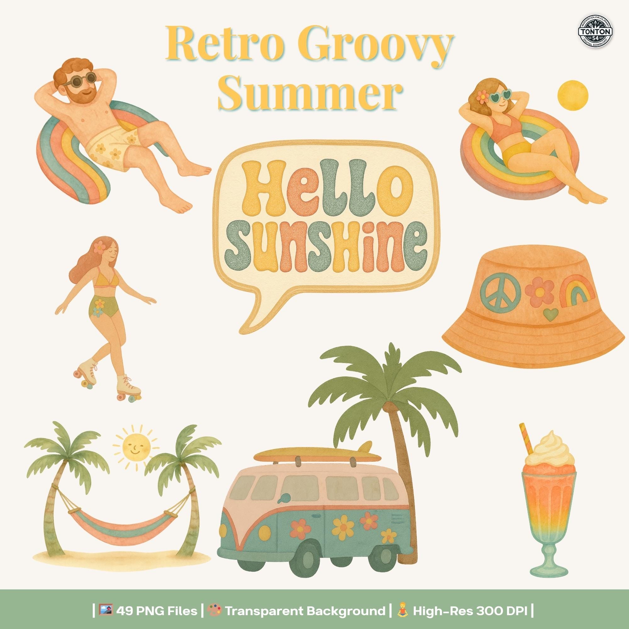 Retro Groovy Summer PNG Clipart Bundle – 49 Hippie Aesthetic Digital ...