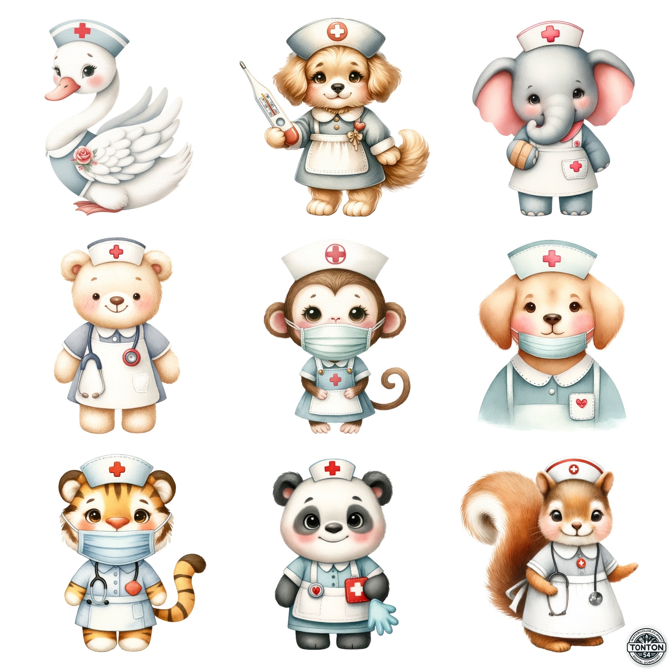 Nurse Animal Watercolor Clipart Collection 45 PNG Images for Healthcare ...