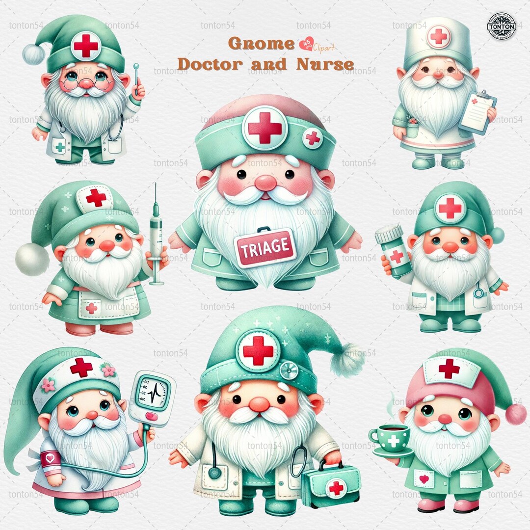 Doctor and Nurse Gnome Clipart Bundle - Medical Gnome PNG Set for ...