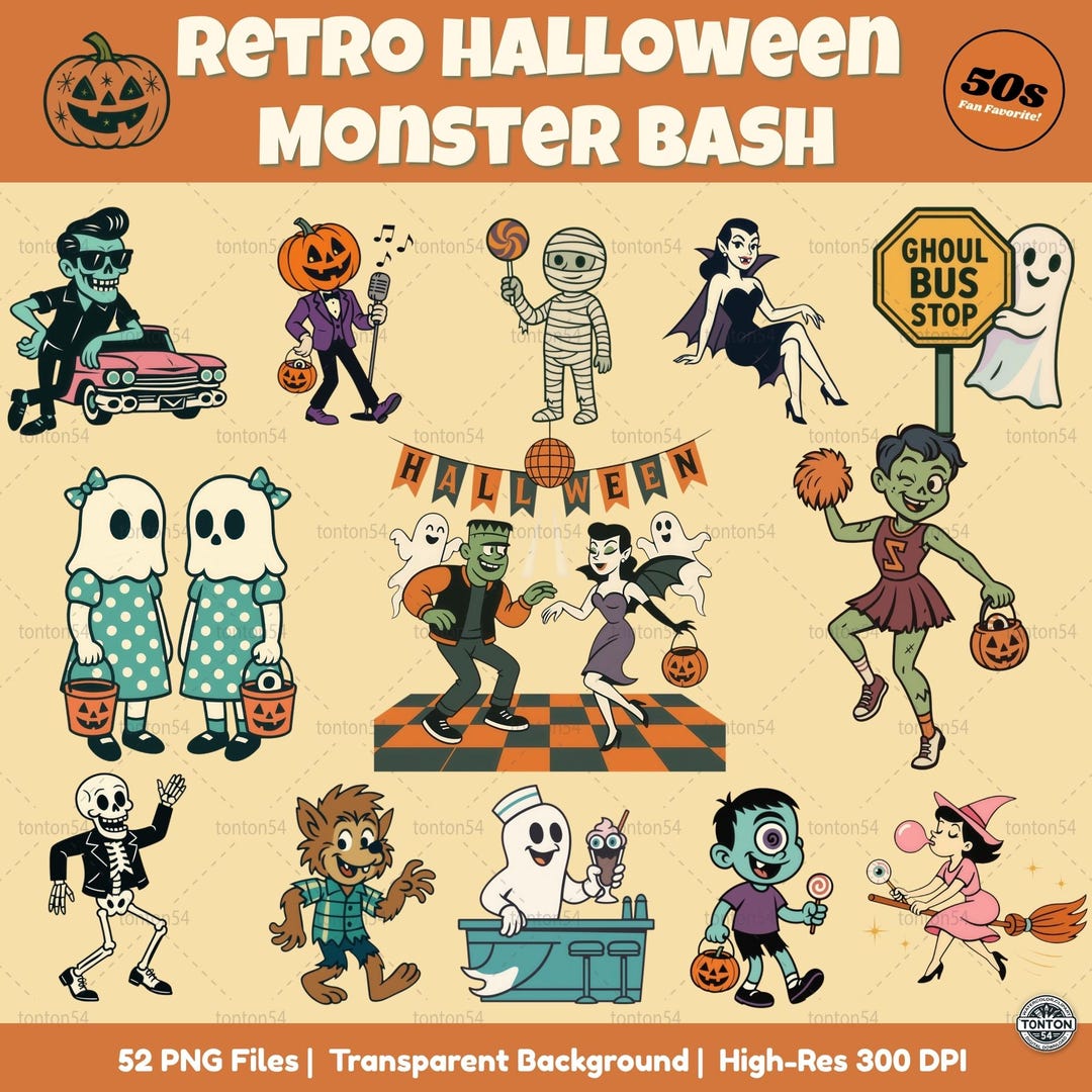 Retro Halloween PNG Clipart Bundle, Monster Bash Graphics, Vintage ...