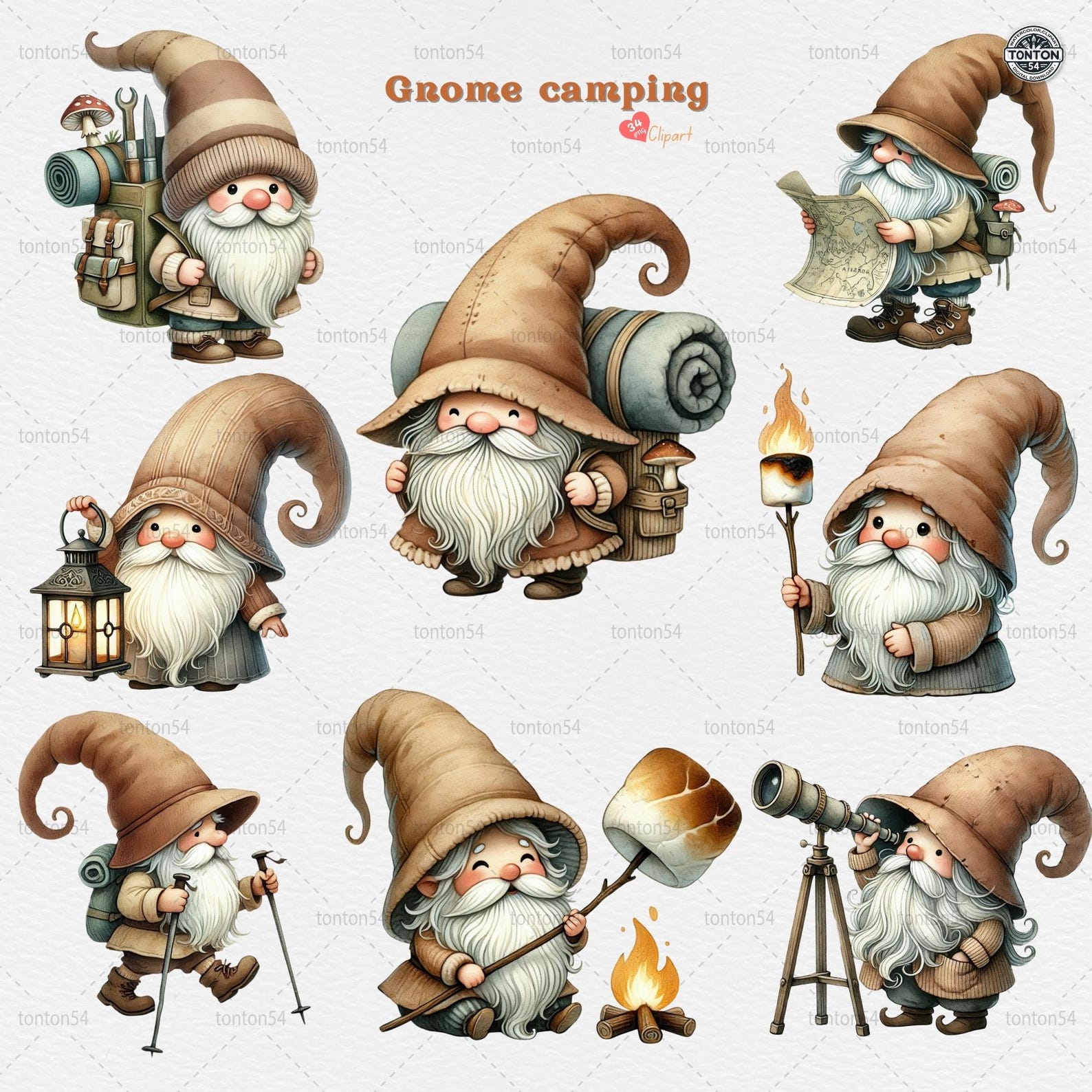 Gnome Camping Clipart Bundle, Cute Outdoor Gnomes PNG for Hiking ...