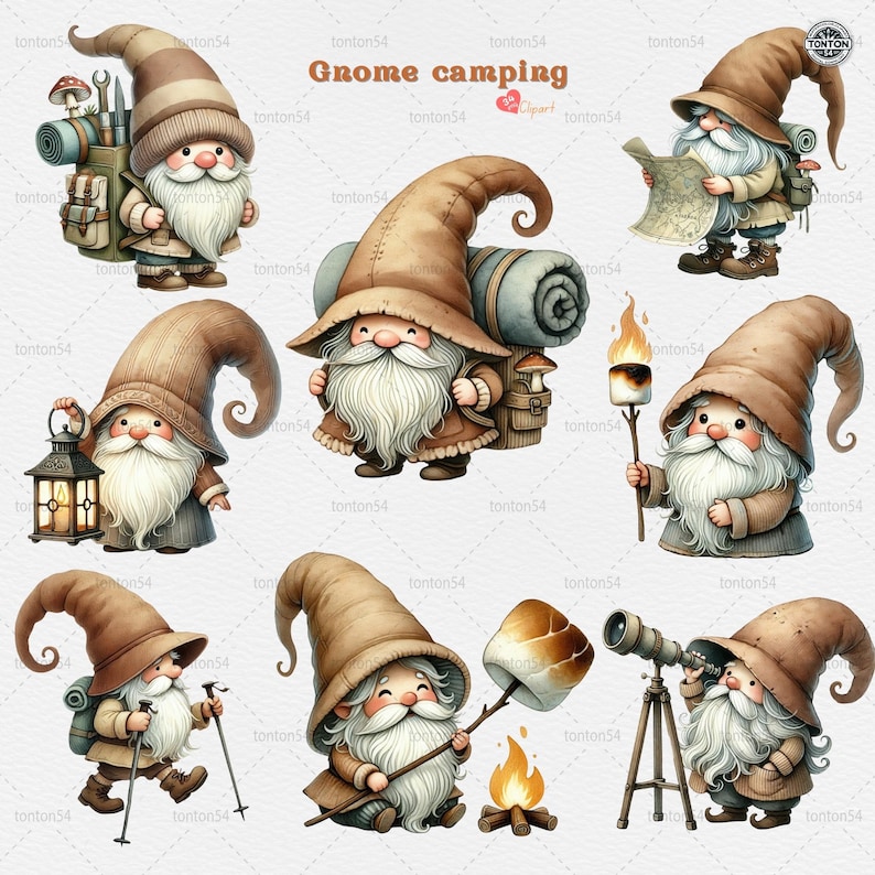 Gnome Camping Clipart Bundle, Cute Outdoor Gnomes PNG for Hiking ...