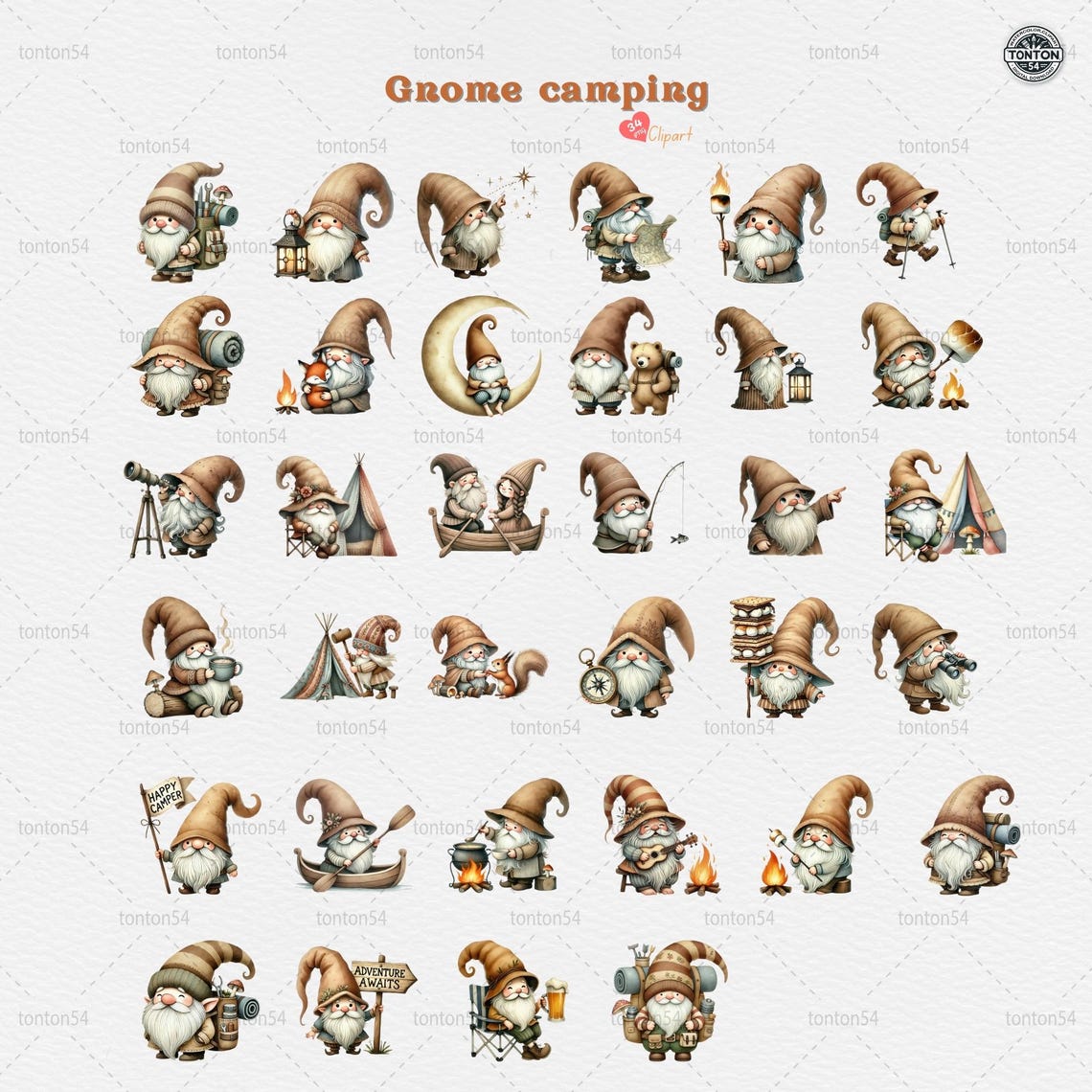 Gnome Camping Clipart Bundle, Cute Outdoor Gnomes PNG for Hiking ...
