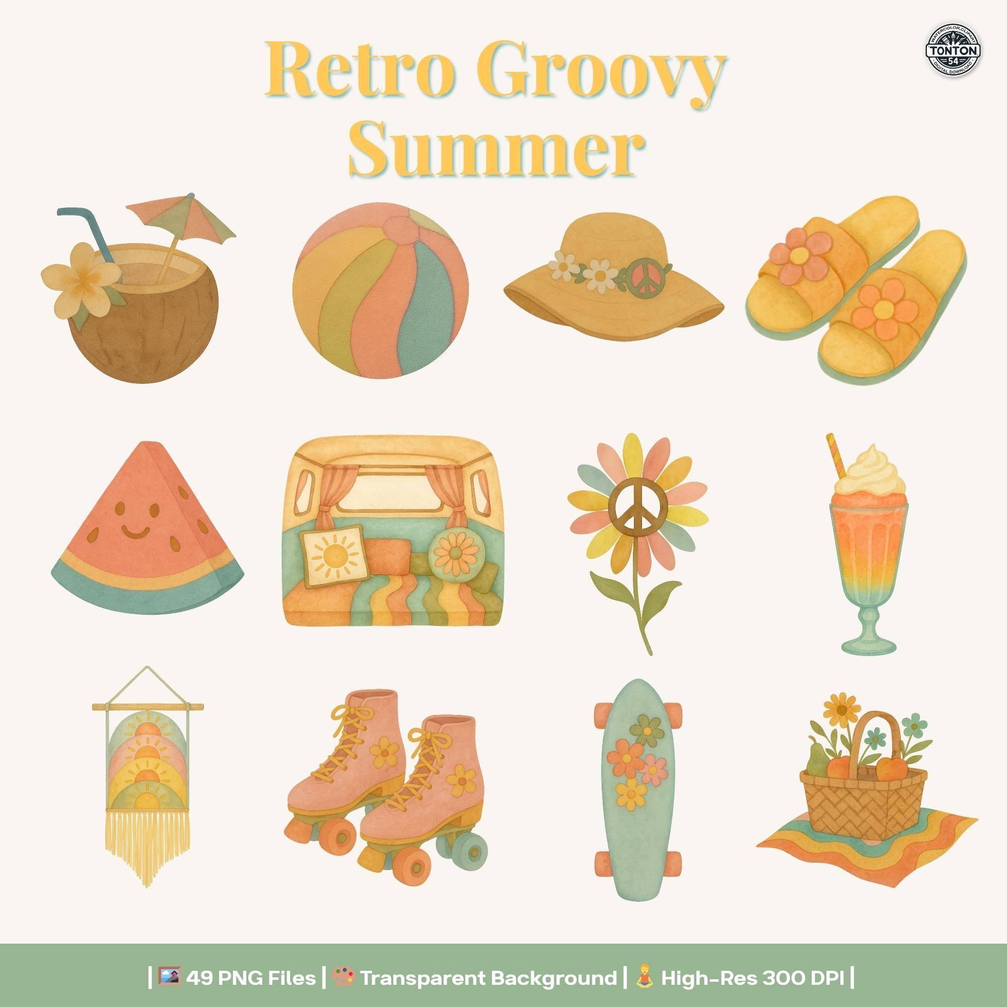 Retro Groovy Summer PNG Clipart Bundle – 49 Hippie Aesthetic Digital ...