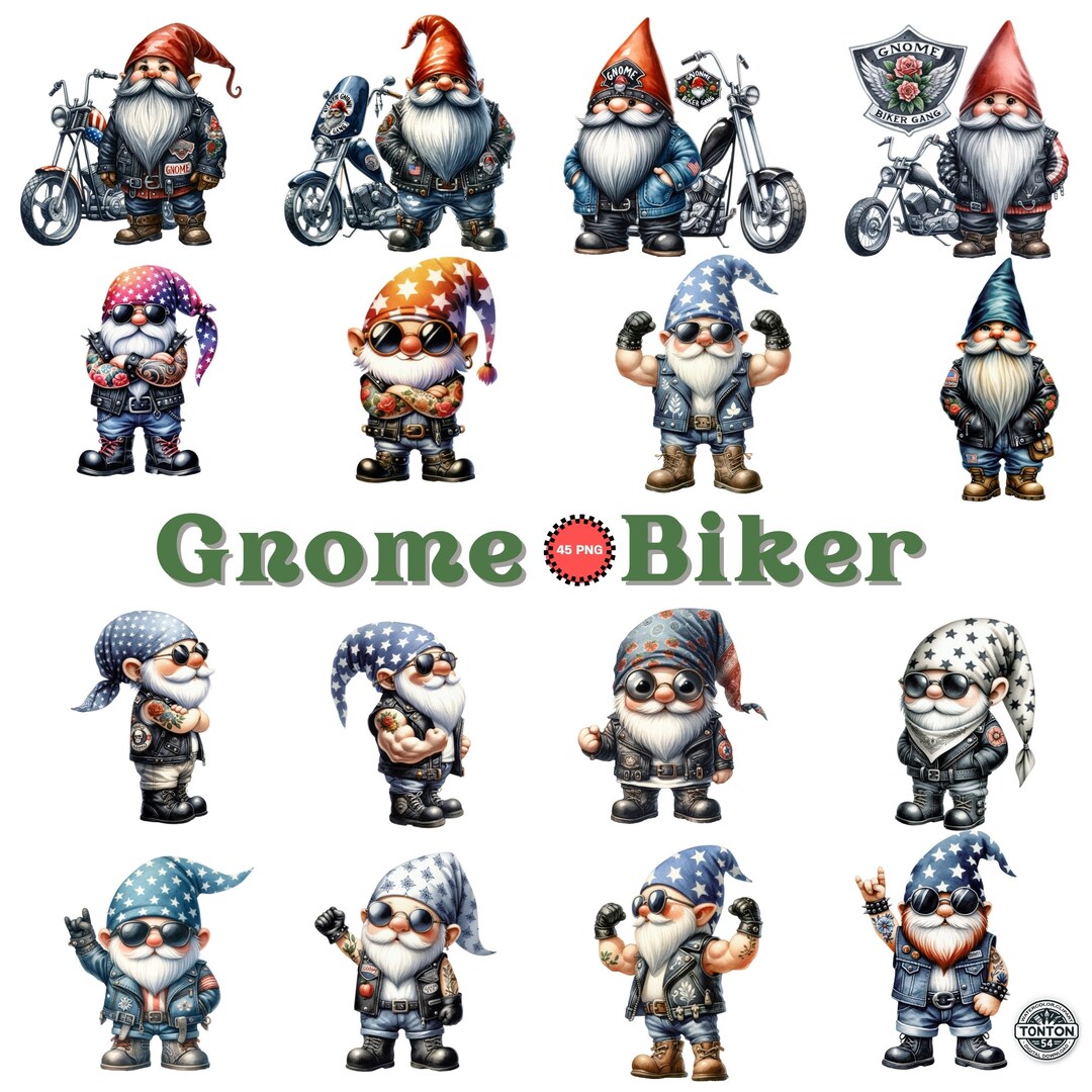 Gnome Biker Gang Watercolor Clipart,gnome Sunglasses,digital ...