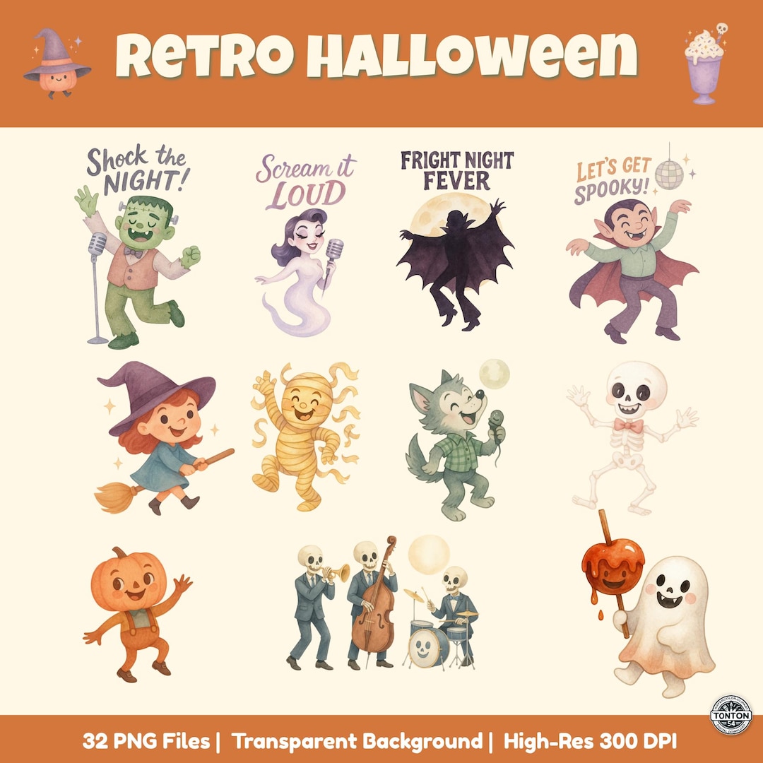 Retro Halloween PNG Bundle: Vintage Spooky Clipart (digital Download ...