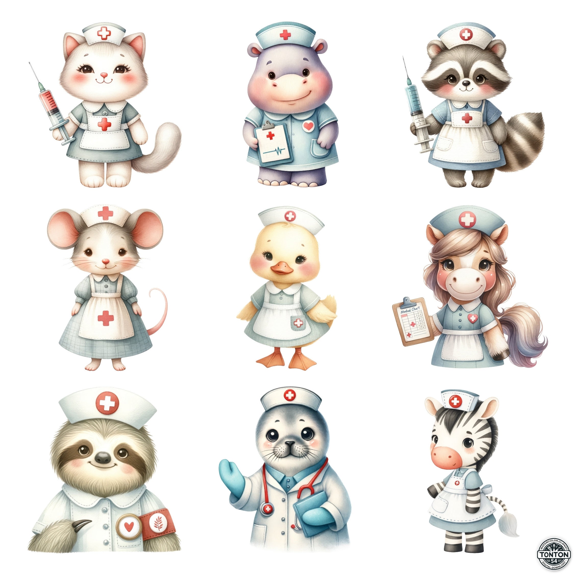 Nurse Animal Watercolor Clipart Collection 45 PNG Images for Healthcare ...