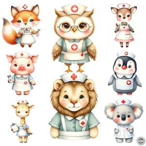 Nurse Animal Watercolor Clipart Collection 45 PNG Images for Healthcare ...