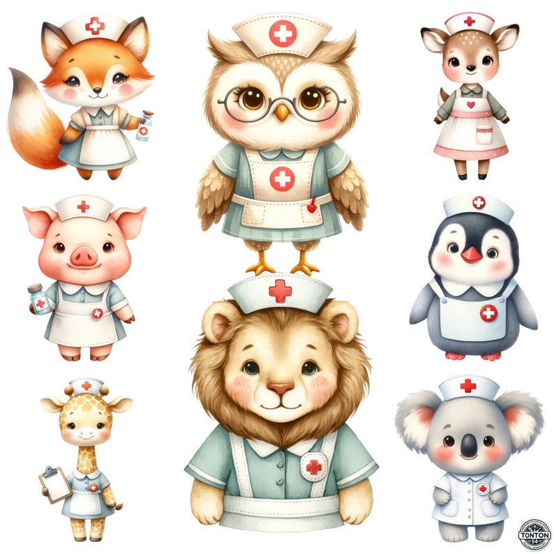Nurse Animal Watercolor Clipart Collection 45 PNG Images for Healthcare ...
