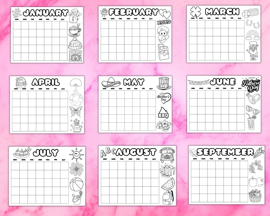 Colorable Monthly Calendar, Monthly Calendar, 12 Month Printable ...
