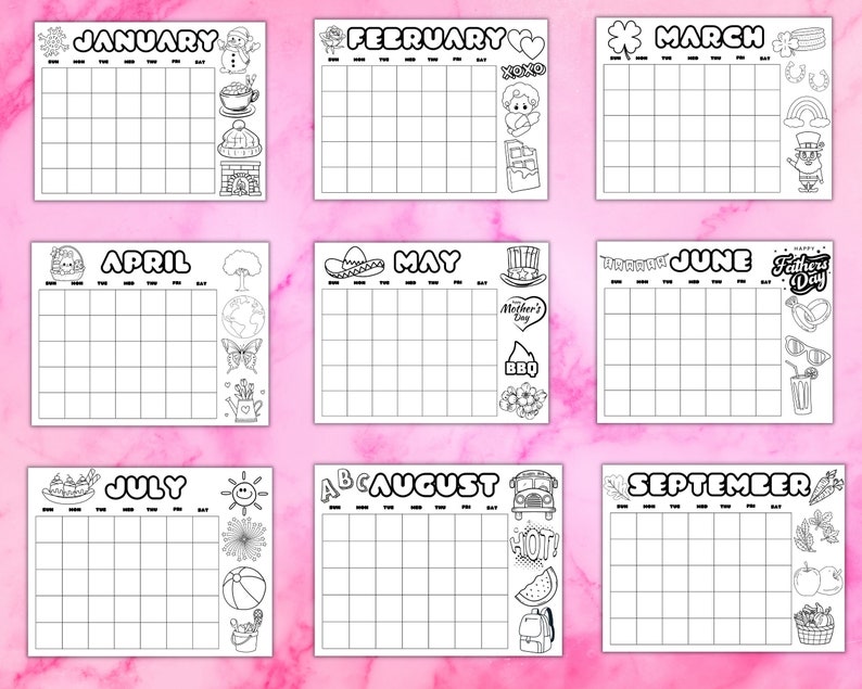 Colorable Monthly Calendar, Monthly Calendar, 12 Month Printable ...