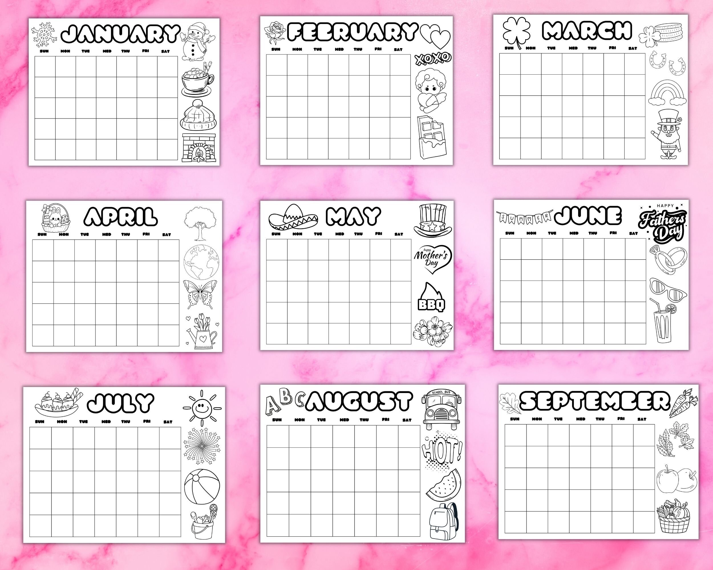 Colorable Monthly Calendar, Monthly Calendar, 12 Month Printable ...