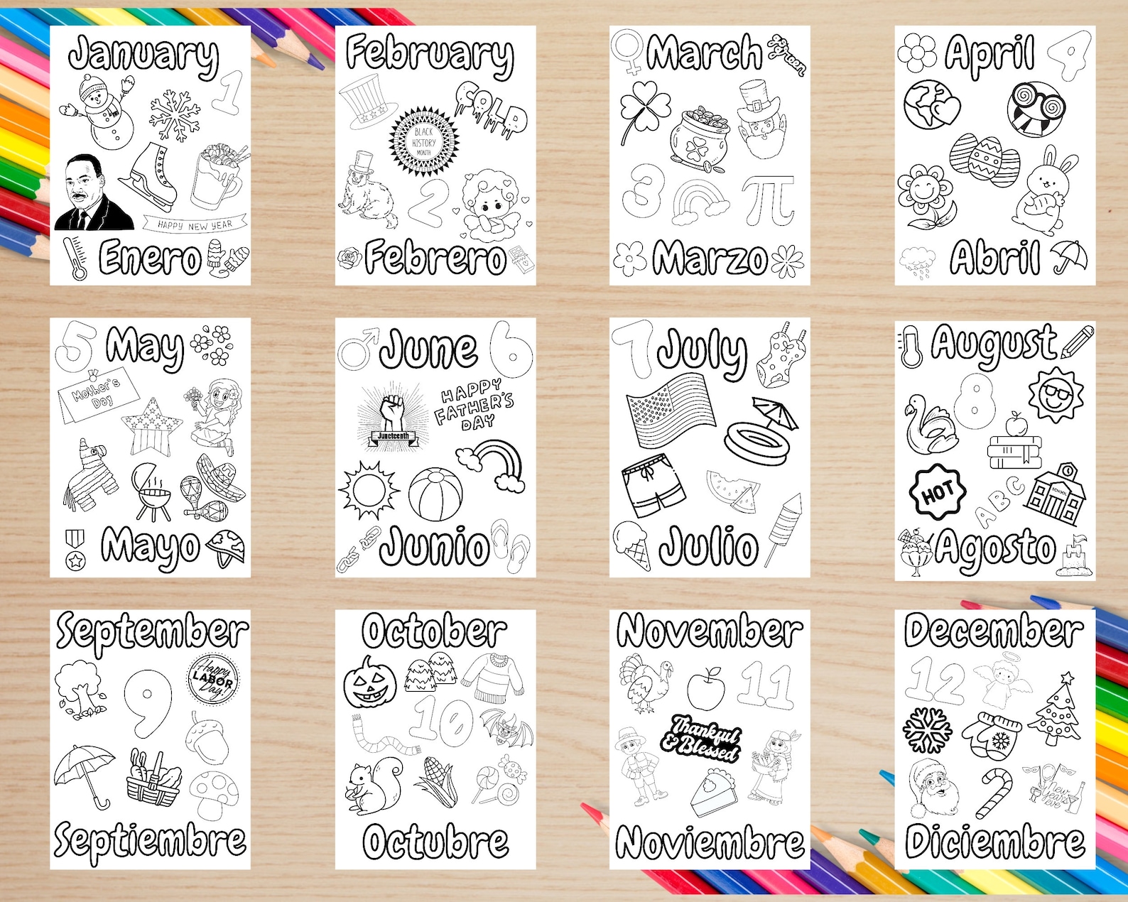 12 Month Coloring Pages, Spanish Coloring Pages, Printable Monthly ...
