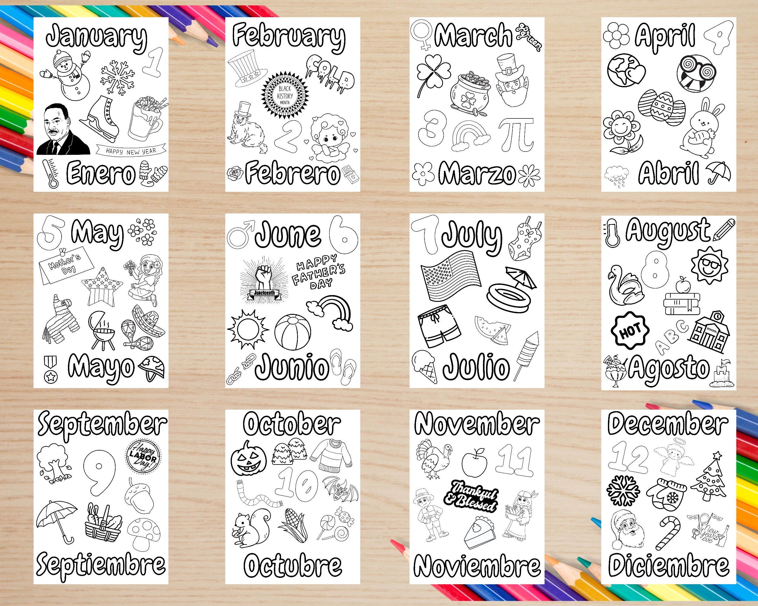 12 Month Coloring Pages, Spanish Coloring Pages, Printable Monthly ...