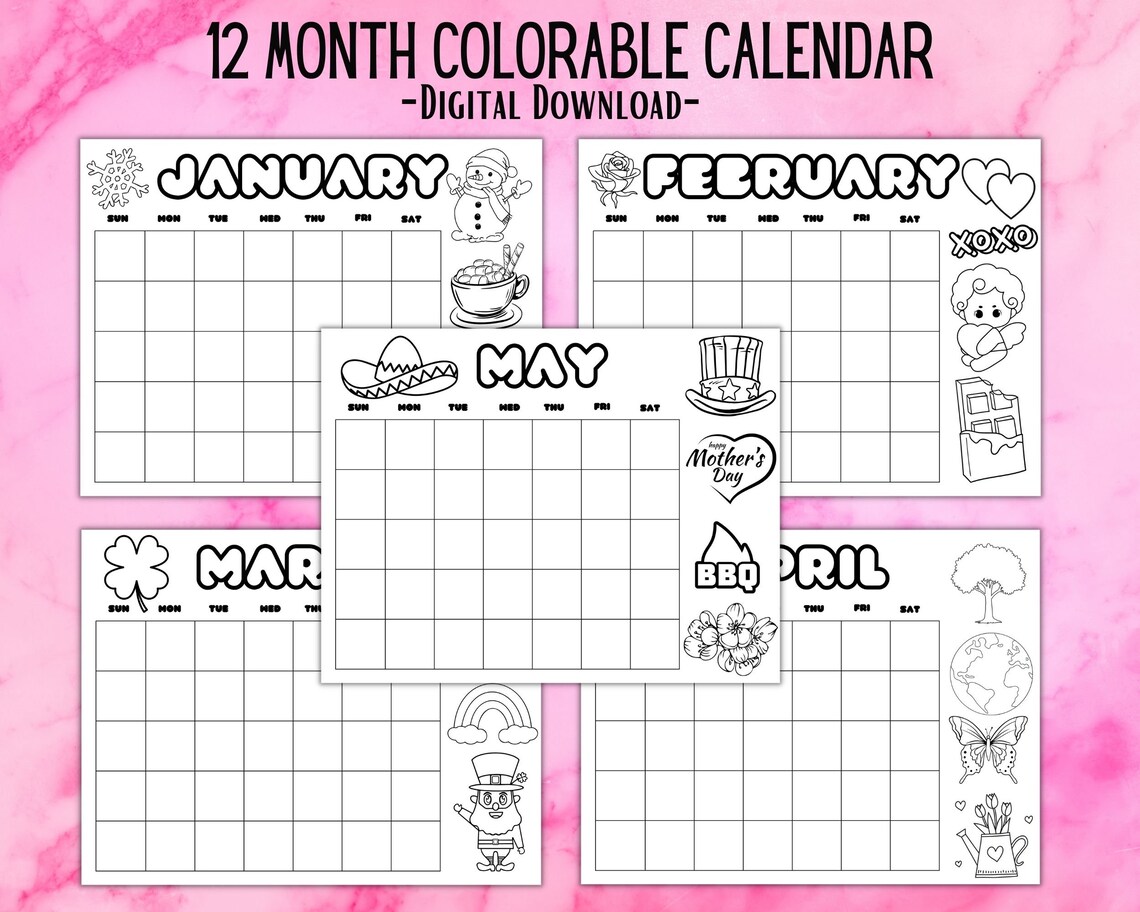 Colorable Monthly Calendar, Monthly Calendar, 12 Month Printable ...