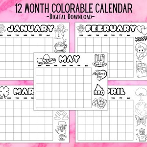 Colorable Monthly Calendar, Monthly Calendar, 12 Month Printable ...