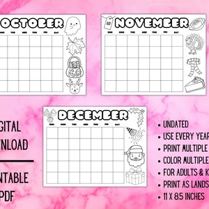Colorable Monthly Calendar, Monthly Calendar, 12 Month Printable ...