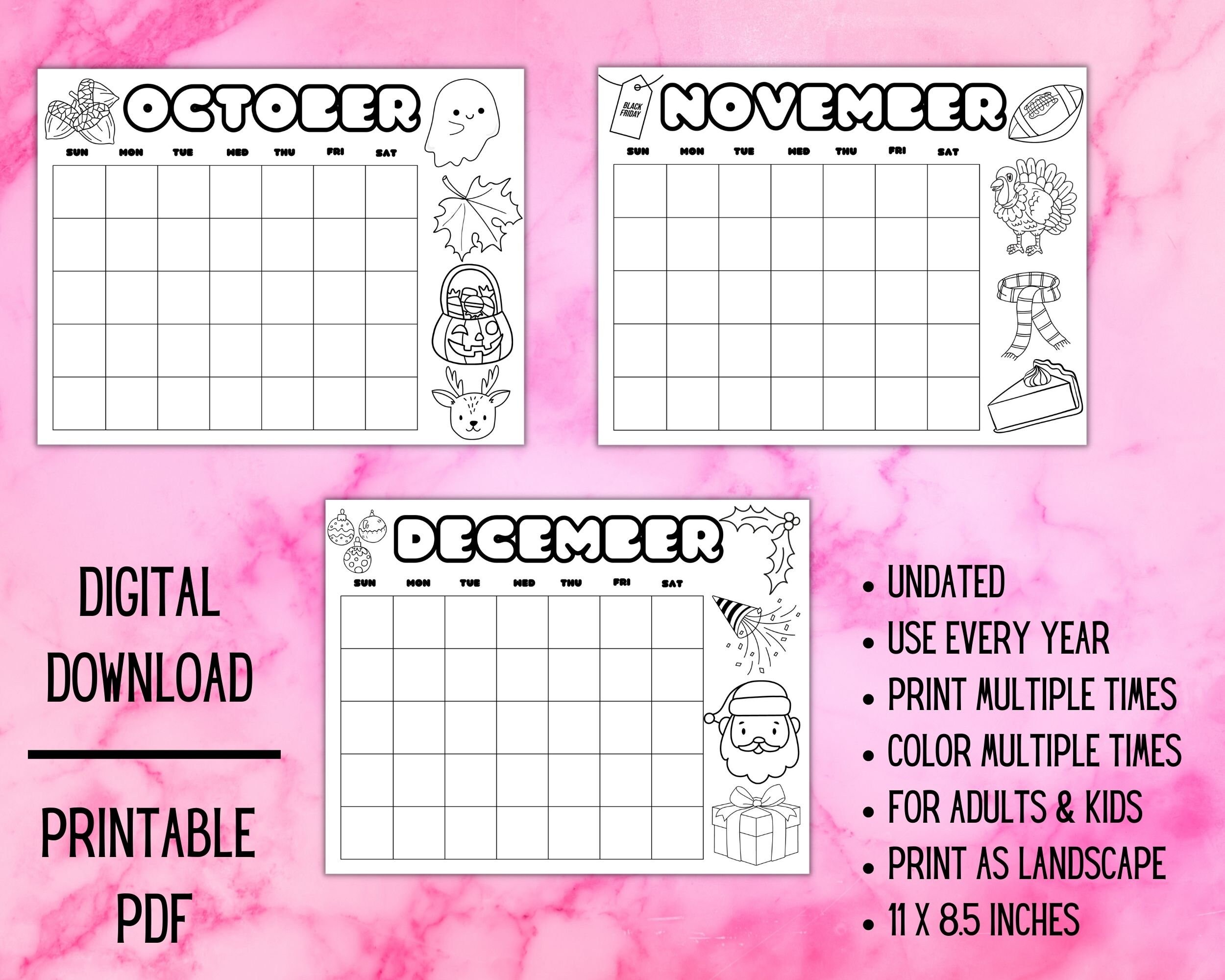 Colorable Monthly Calendar, Monthly Calendar, 12 Month Printable ...
