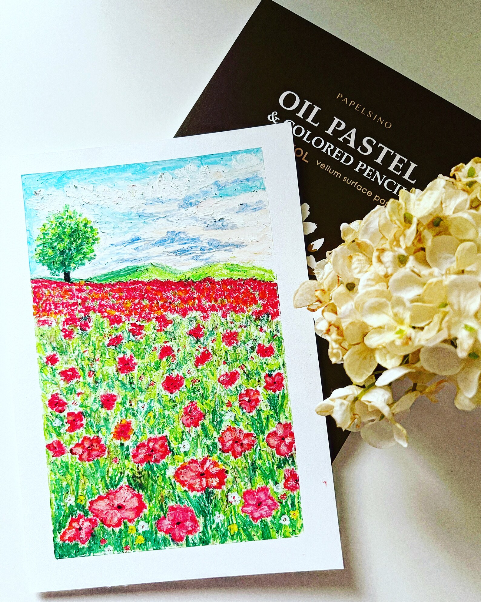 Red Poppy Flower Field in Oil Pastel Painting on Paper - Etsy