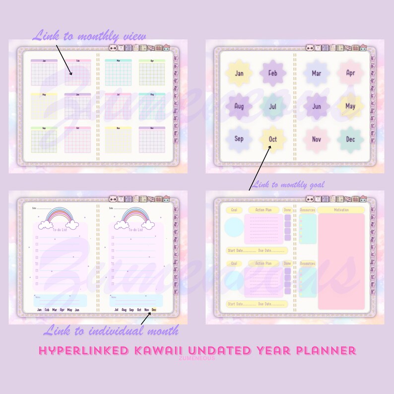 Undated Kawaii Year Planner, Digital Planner With Stickers, Goodnotes ...