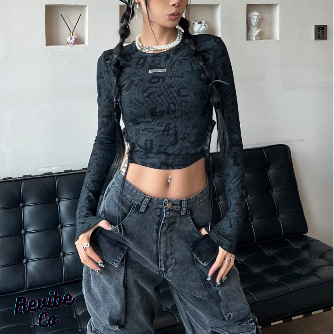 Y2k Rave Top Long Sleeved Festival Outfit Y2k Shirt Y2k Grunge Crop ...