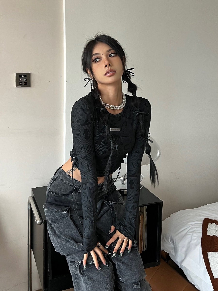 Y2k Rave Top Long Sleeved Festival Outfit Y2k Shirt Y2k Grunge Crop ...