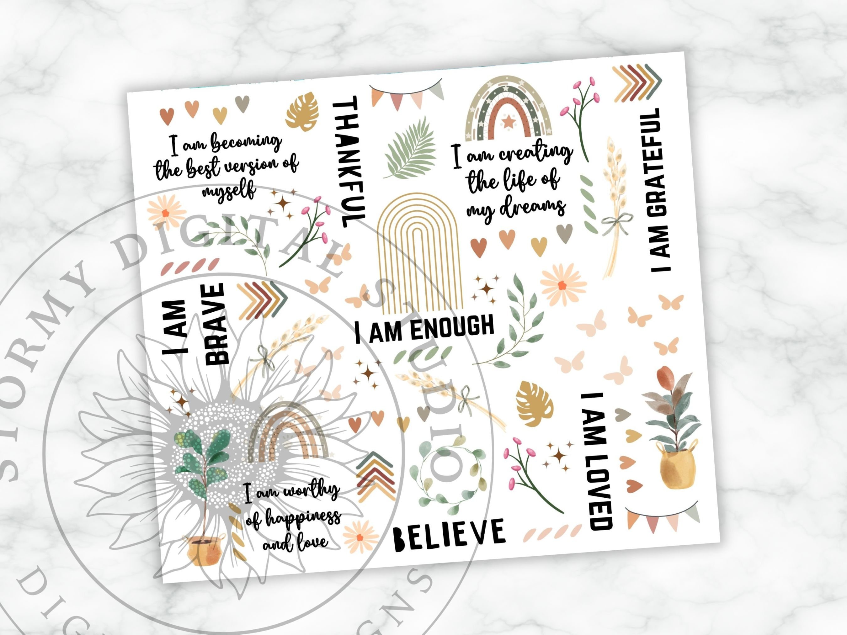 Boho Positive Affirmations 20oz Skinny Tumbler Wrap PNG Sublimation ...