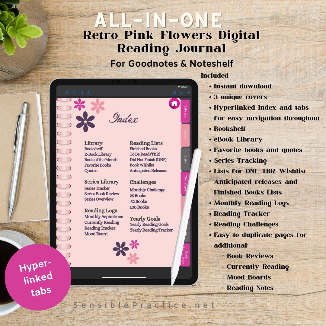 Pink Retro Flowers Digital Reading Journal With Hyperlinks - Etsy
