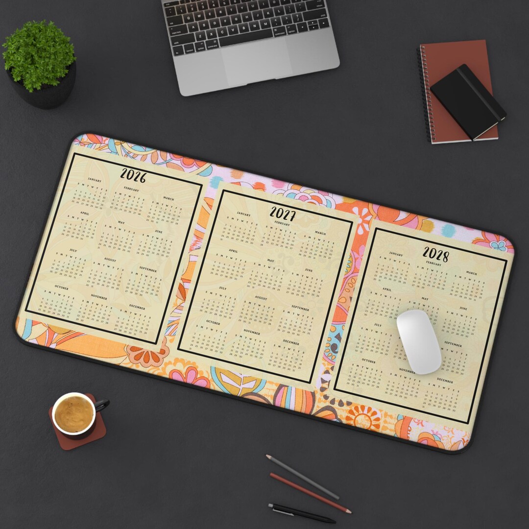 Retro Colorful Calendar Desk Mat 2026-2028: Feminine Home Office Decor ...